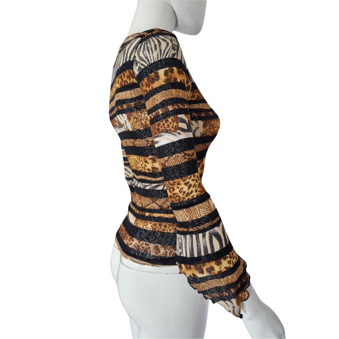 Y2k Vintage Animal Print Mesh Top, Bell Sleeve Top, Asymmetric Mesh ...