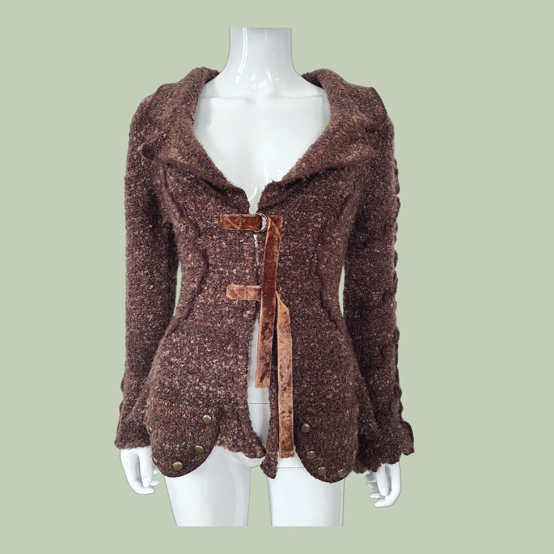 Y2K Handkerchief Bell Sleeve Knit Cardigan Shrug, Speckled Boucle Wool ...