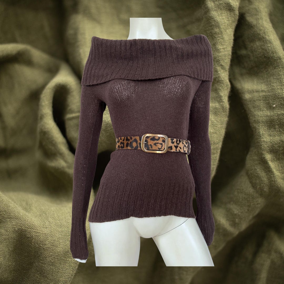Vintage Brown off Shoulder Mohair Angora Wool Knit Sweater, Size Small ...