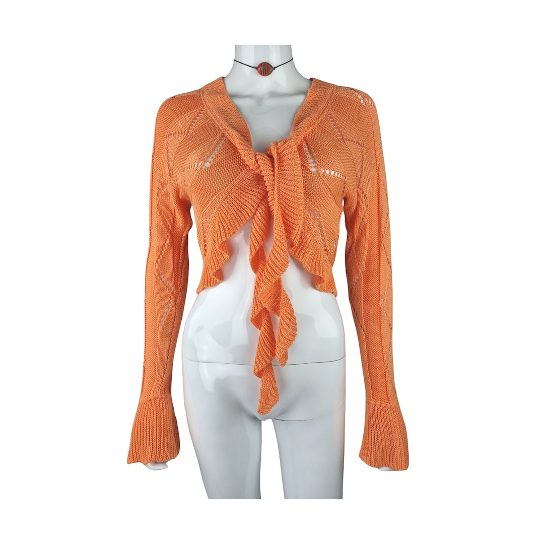 Y2K Ruffle Cardigan Shrug, 00s Tie Front Flare Sleeve Sheer Knit ...