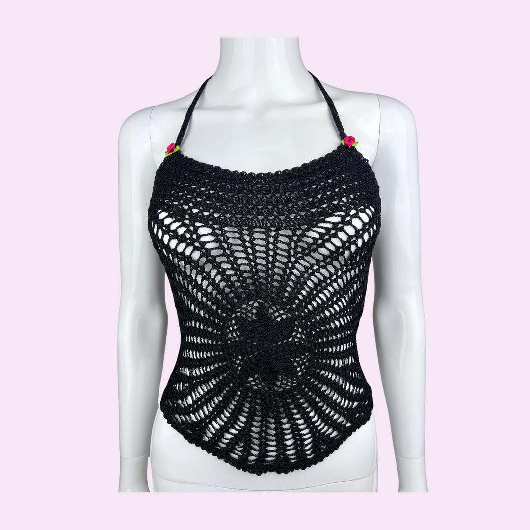 Y2k Crochet Top, Open Back Halter Top, 3d Mini Roses Applique, Size ...