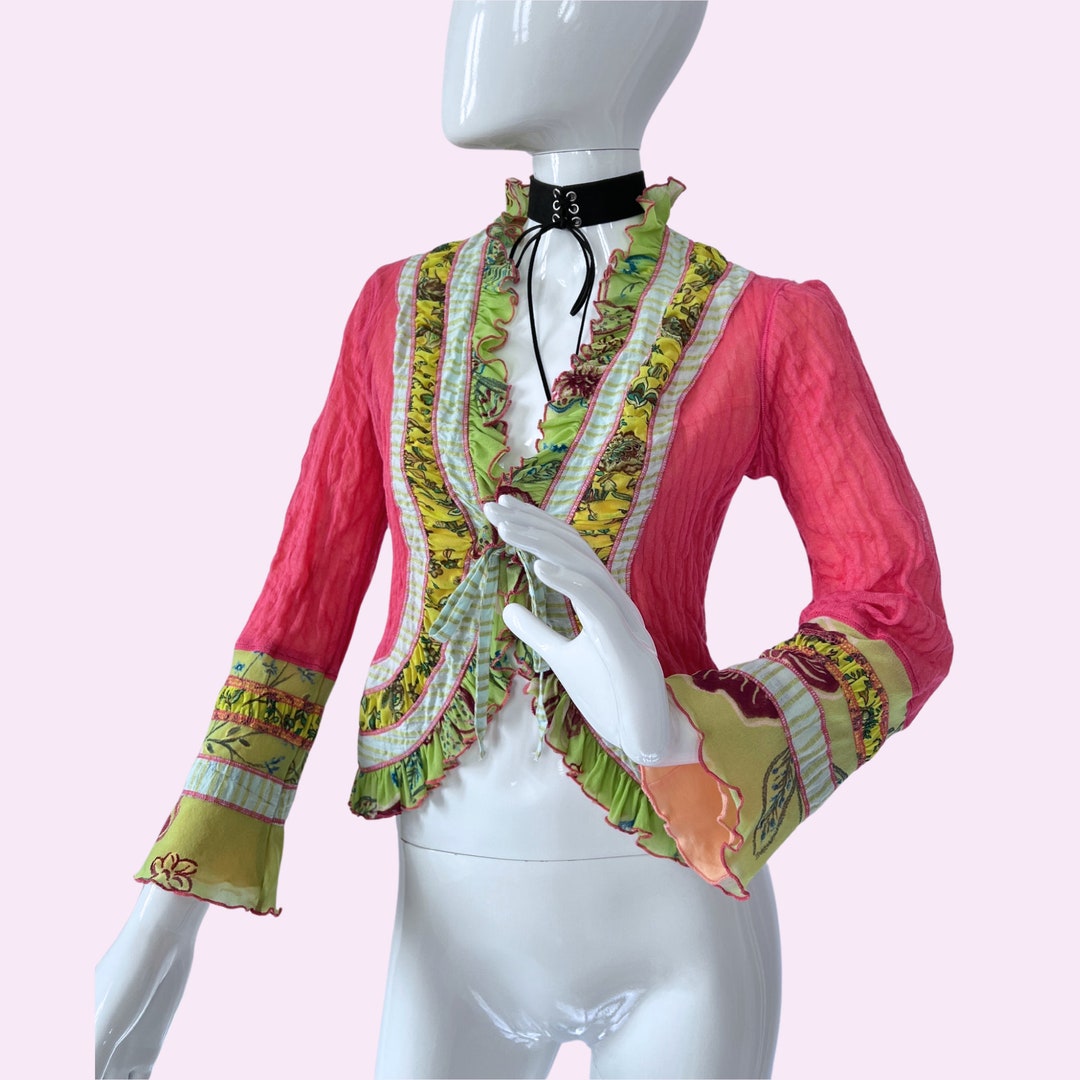 Y2K Ruffle Shrug, Y2K Mesh Top, 00s Tie Front Bell Sleeve Cropped ...