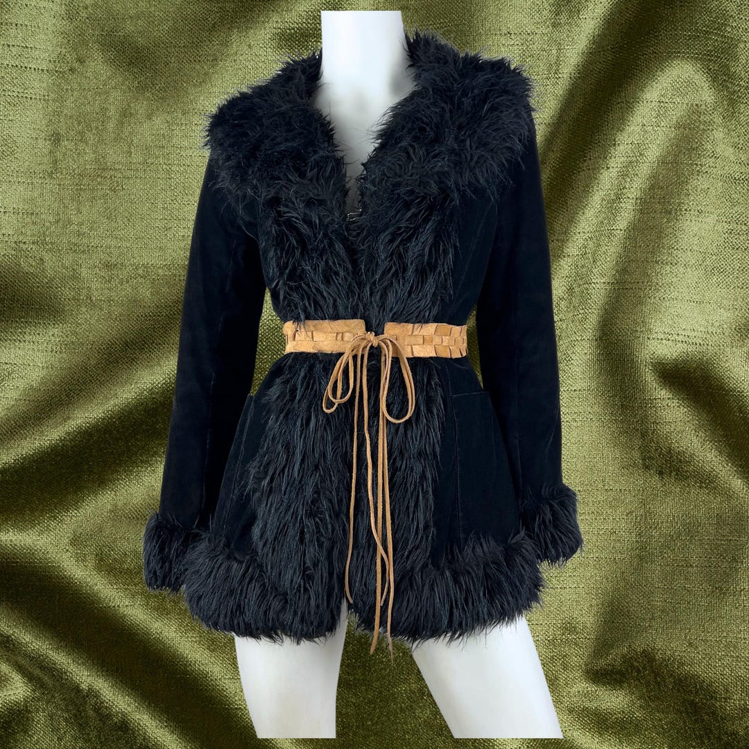 Vintage 2000s Black Afghan Penny Lane Coat, Y2K Faux Suede Coat With ...