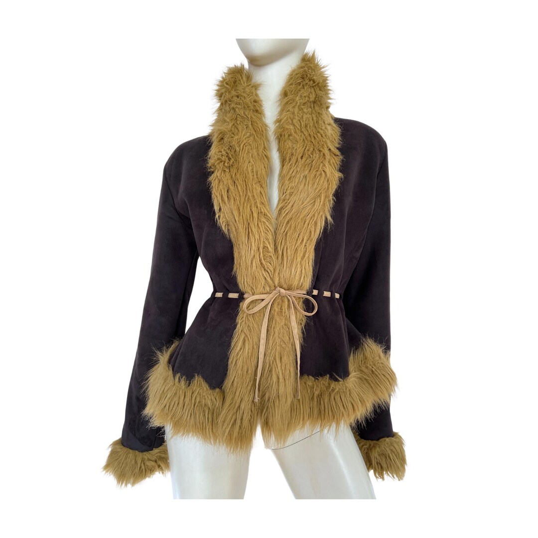 2000s Vintage Black Short Afghan Penny Lane Coat, Y2k Faux Suede Coat ...