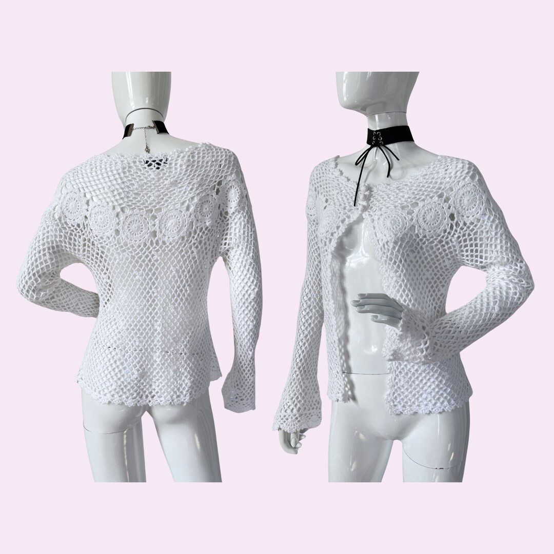 Y2K Crochet Bolero Shrug, 00s White Knit Shrug, Open Knit Bell Sleeve ...