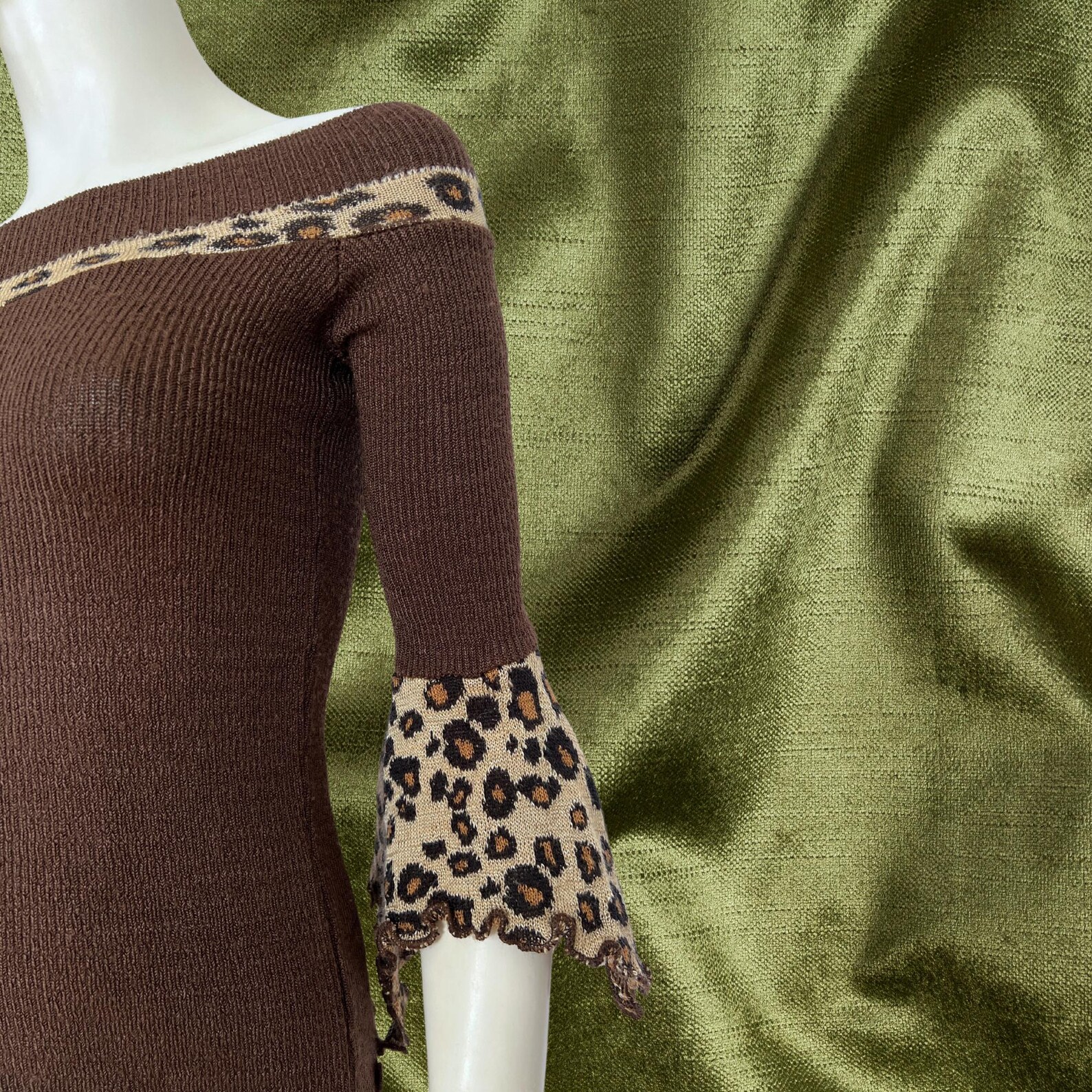 Vintage Y2k Brown off Shoulder Knit Sweater, 2000s Animal Print ...