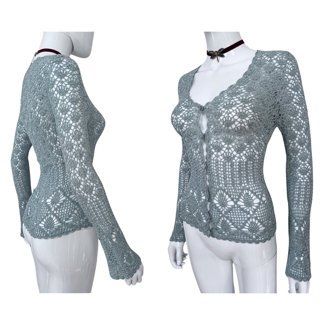 Y2K Crochet Knit Cardigan, Sheer Knit Cardigan, Flare Sleeve Scalloped ...