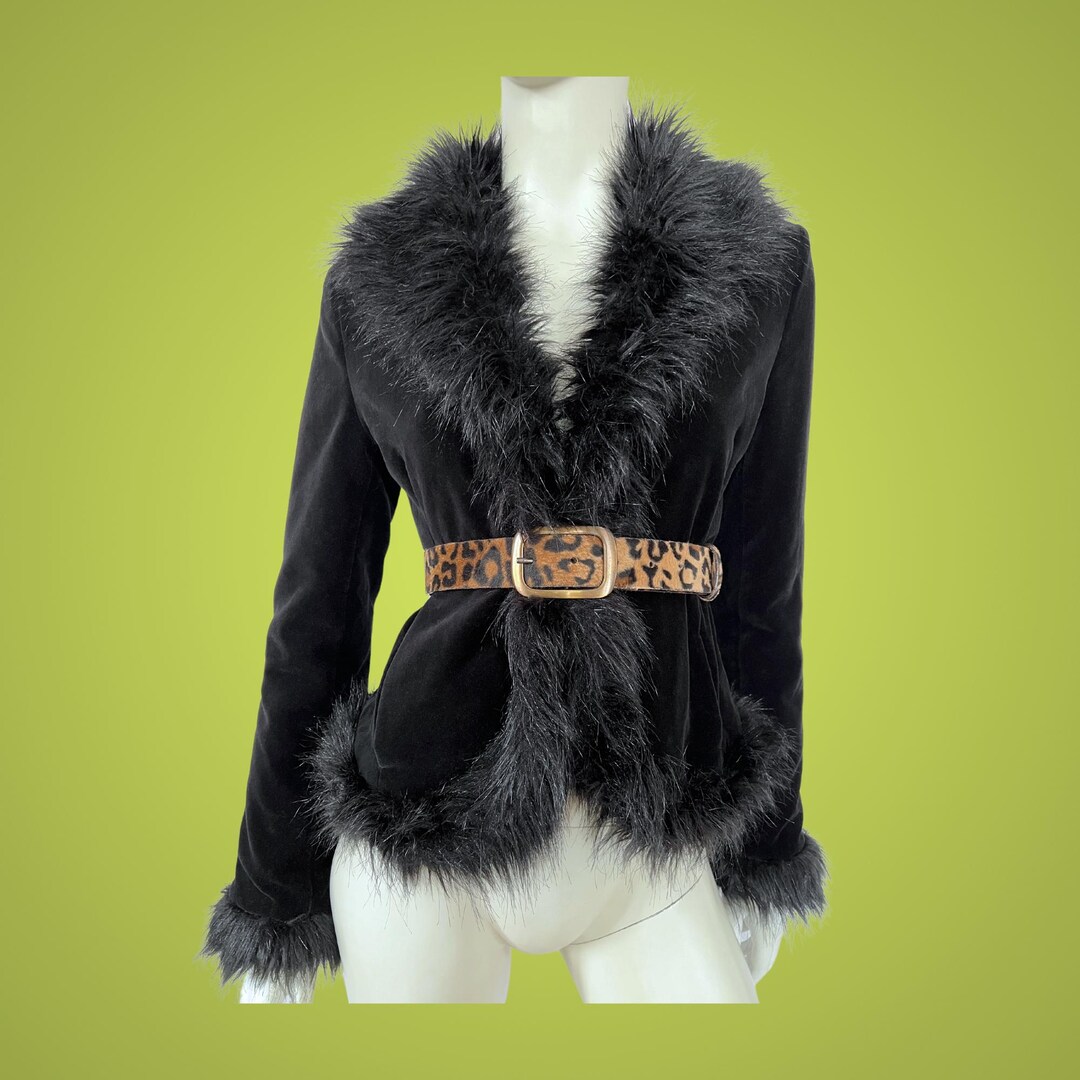 Vintage Y2K Black Velvet Short Afghan Penny Lane Coat With Shaggy Faux ...