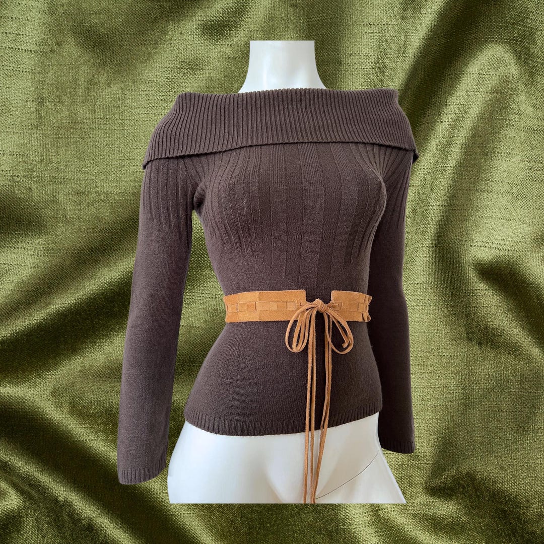 Y2k Vintage Brown off Shoulder Knit Sweater, French Vintage, Size Small ...