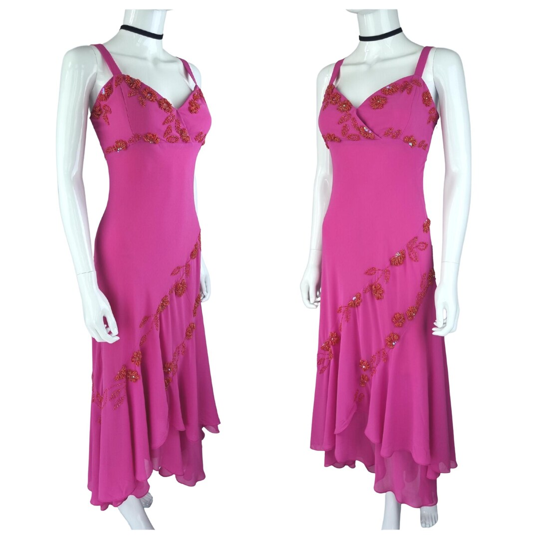 Y2k Pink Beaded Slip Dress, Beaded Prom Dress, Slip Dress Bias Cut ...