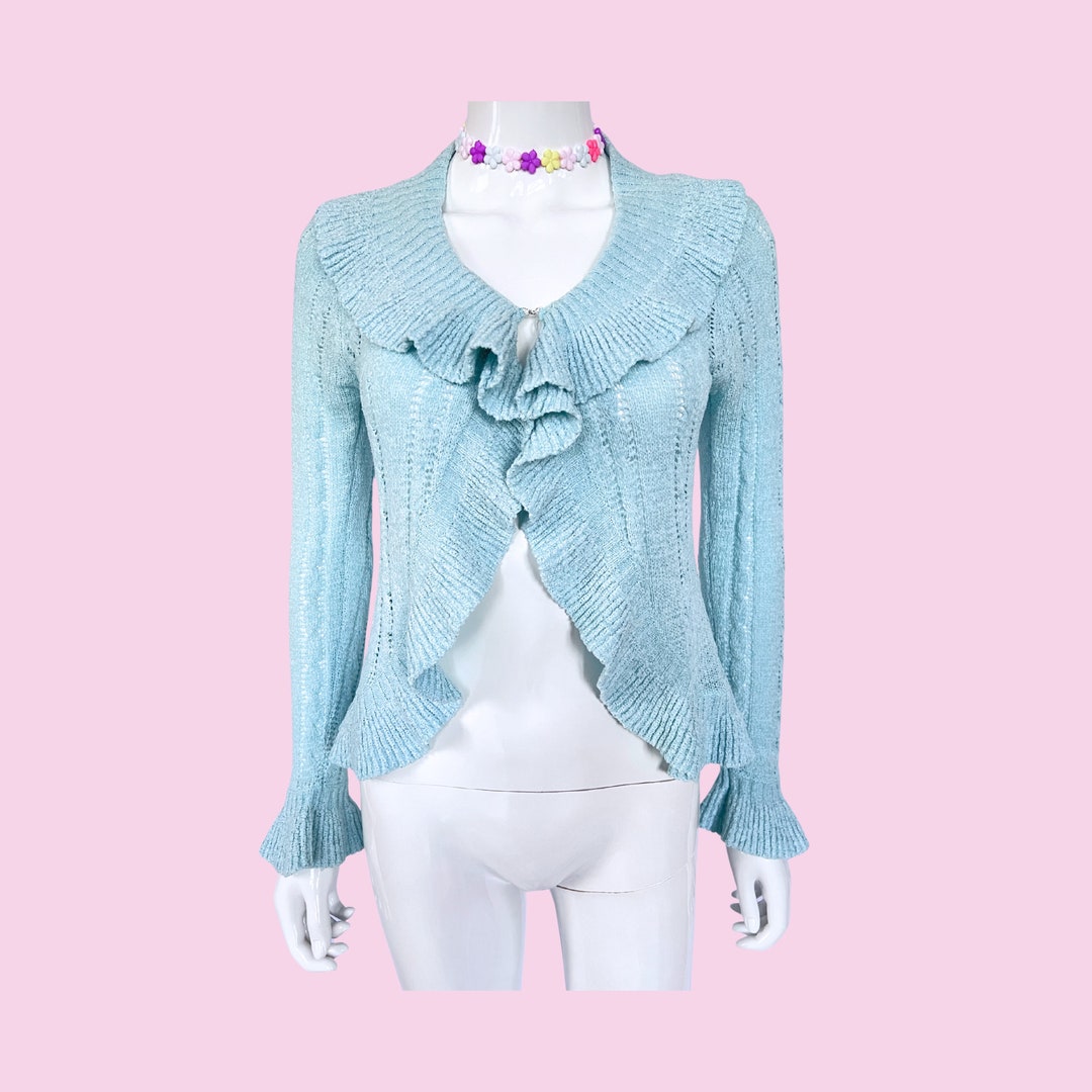 00s Y2K Ruffle Cardigan Shrug, 2000s Open Front Flare Sleeve Knit ...