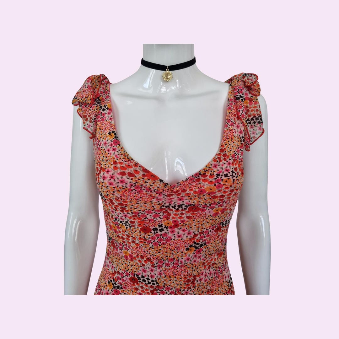 90s Y2k Ditsy Floral Mesh Slip Dress, Double Layer, Lettuce Hem, Tie ...