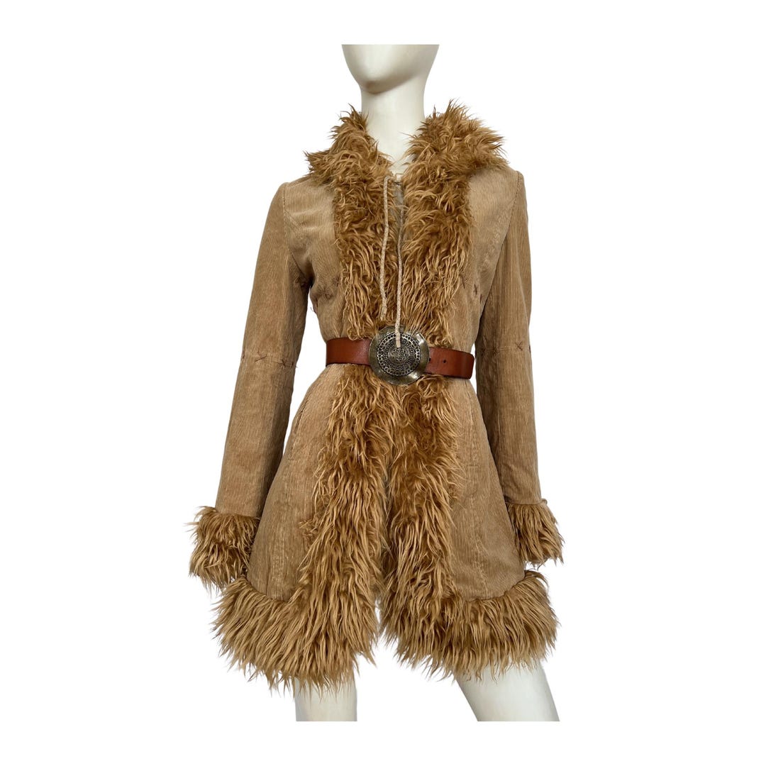 Y2K Vintage Camel Corduroy Afghan Penny Lane Coat With Shaggy Faux Fur ...