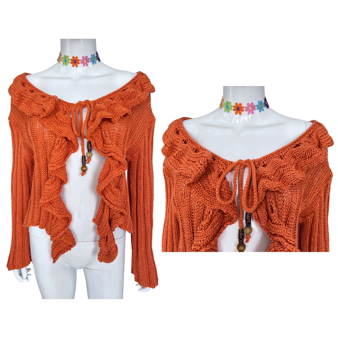 00s Y2K Ruffle Cardigan Shrug, Crochet Bolero Shrug, Orange Shrug ...