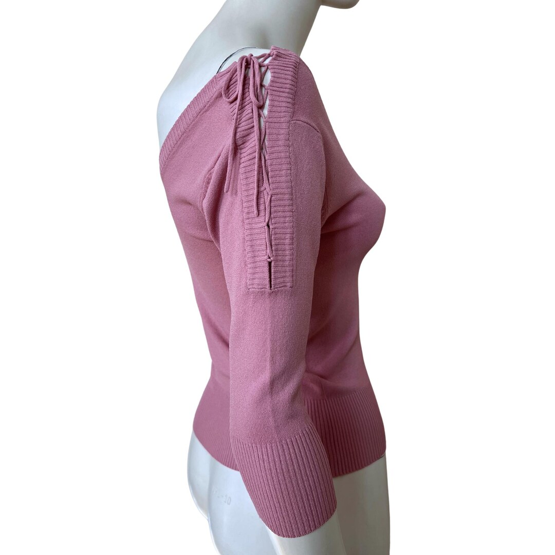 Vintage Y2k Old Pink off Shoulder Three Quarter Lace up Sleeve Top, V ...