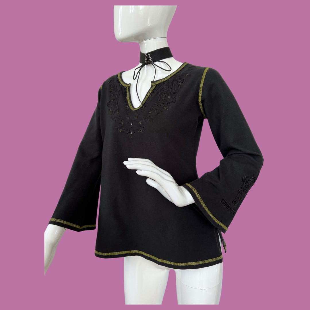 Vintage Y2K Black Bell Sleeve Sequin Top, Y2K Embroidered Top, Black ...