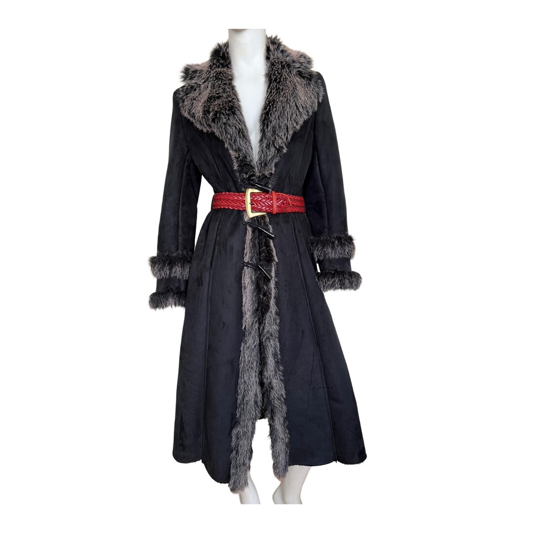 Y2K Vintage Black Afghan Coat, 2000s Belted Faux Suede Penny Lane Coat ...