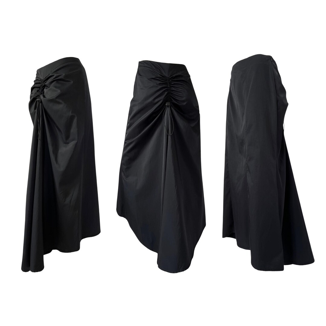 Y2k Black Parachute Skirt, Ruched Maxi Skirt, Asymmetrical Maxi Skirt ...