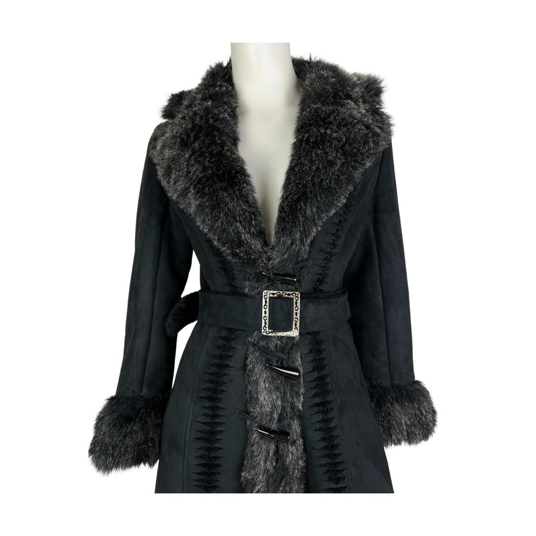 Y2K Vintage Black Afghan Coat, 2000s Belted Faux Suede Penny Lane Coat ...