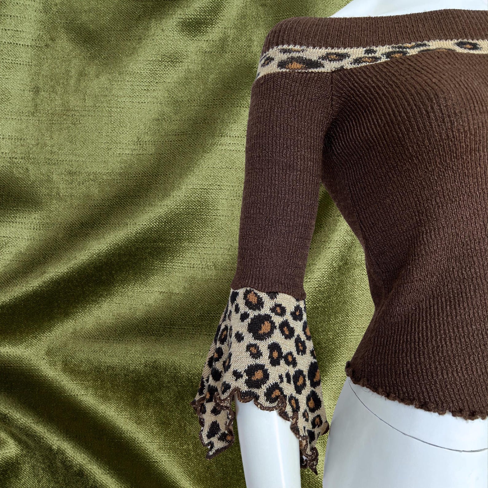 Vintage Y2k Brown off Shoulder Knit Sweater, 2000s Animal Print ...
