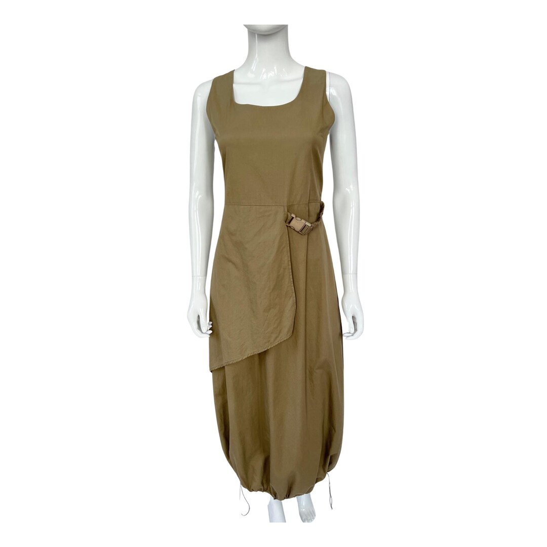 Y2K Khaki Maxi Parachute Dress, 2000s Green Nylon Long Parachute Dress ...