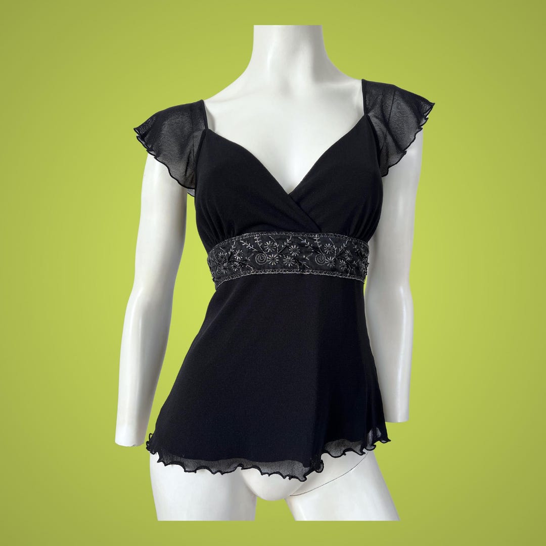 Y2k Black Layered Mesh Top, Vintage Flutter Sleeve Sequin Beaded Top ...