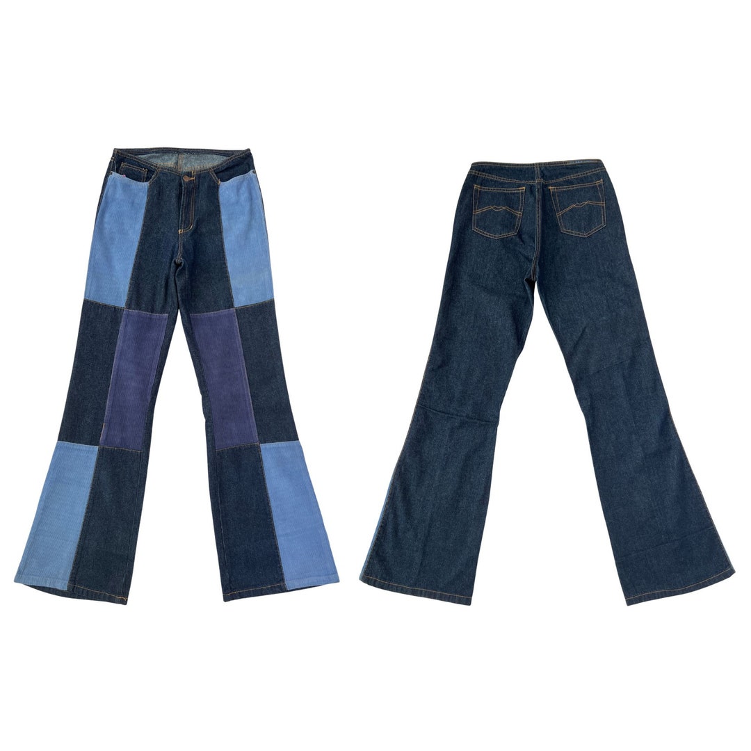 90s Patchwork Flare Jeans, Vintage 90s Y2K Mid Rise Flared Jeans, Denim ...