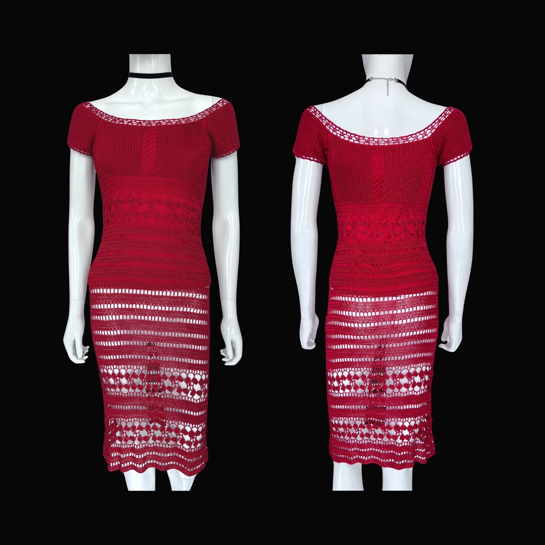 Y2k Red off Shoulder Crochet Dress, Boatneck Dress, Crochet Knit Fitted ...