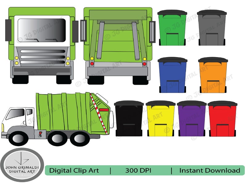 Garbage Truck & Colored Trash Cans 11 Piece Digital Clip Art Set - Etsy