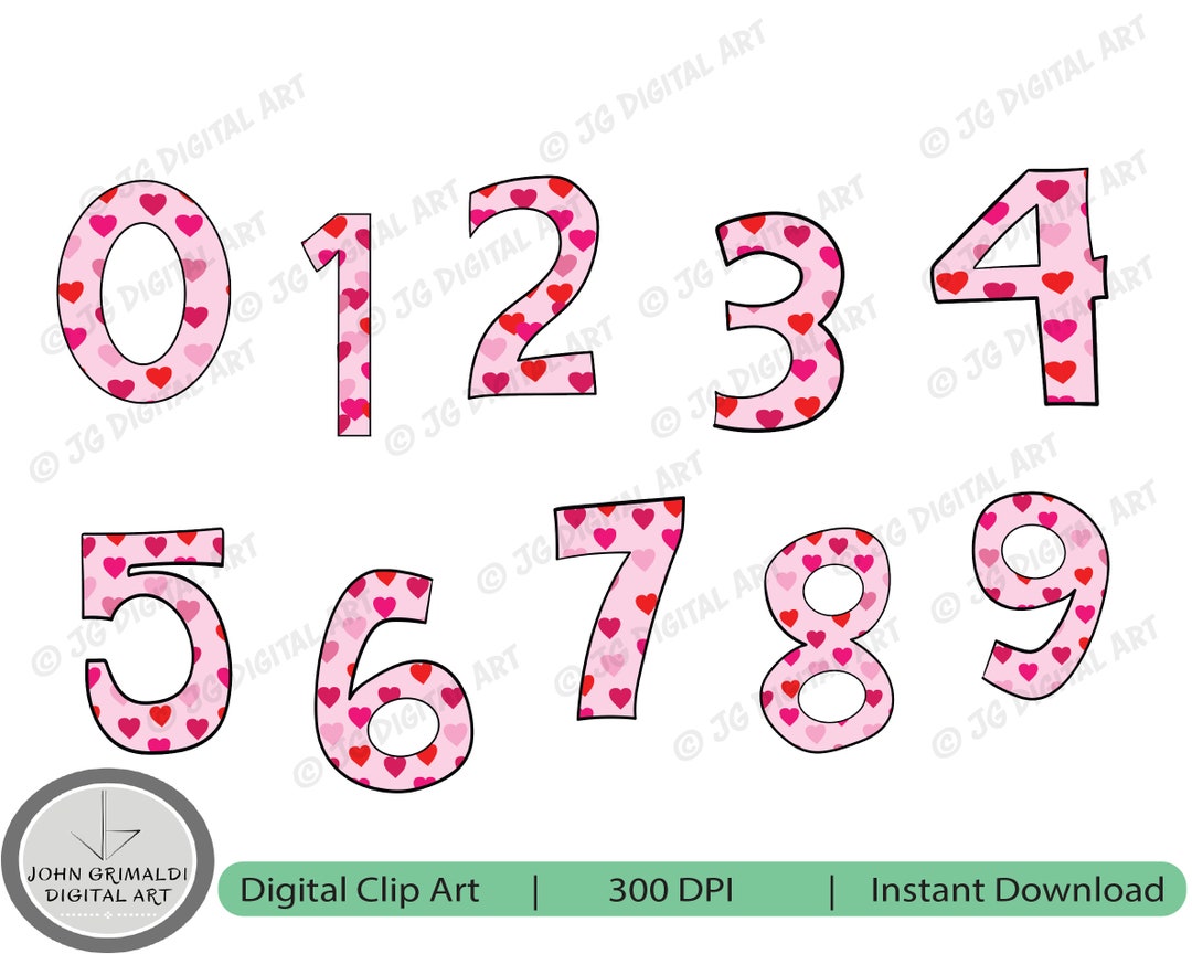Valentine's Day Numbers 10 Piece Digital Clip Art Set, Colorful Hearts ...