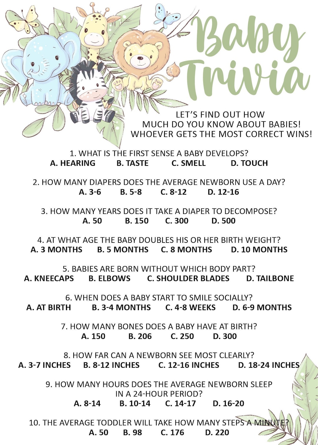Baby Shower Trivia Game Printable, Jungle Inspired Safari Theme ...