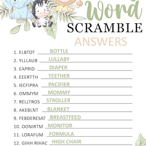 Baby Shower Word Scramble Printable Game, Jungle Inspired Safari Theme ...