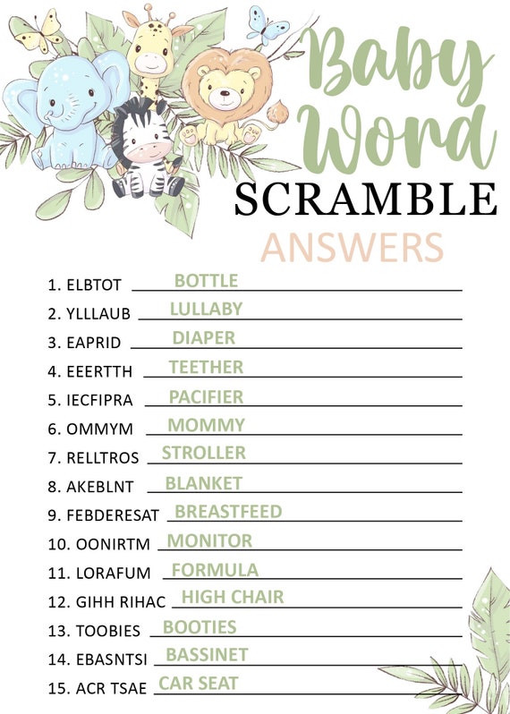 Baby Scramble Printable Game Pink Elephant Baby Word Scramble Game