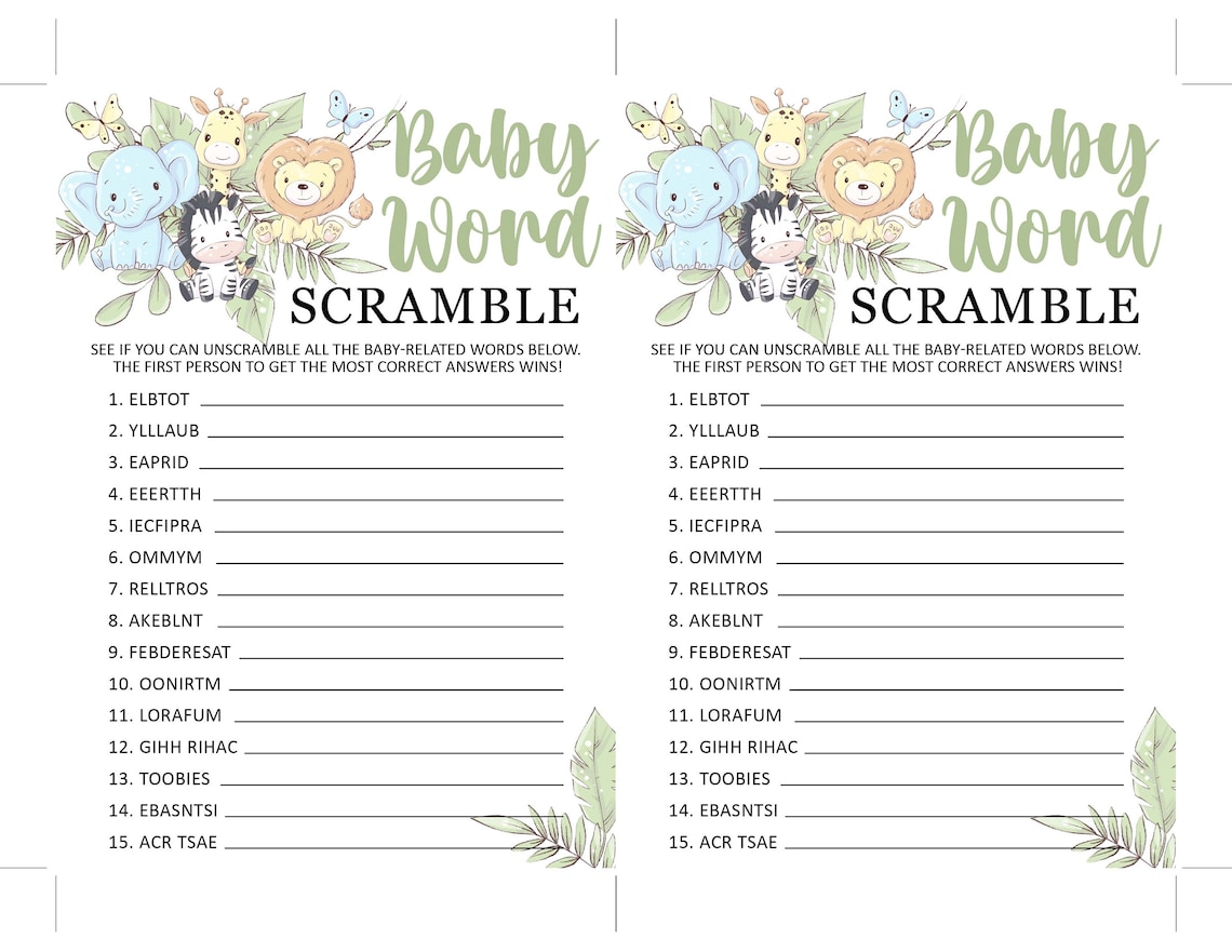 Baby Shower Word Scramble Printable Game, Jungle Inspired Safari Theme ...
