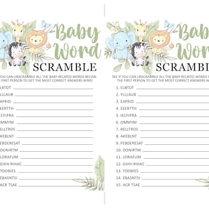 Baby Shower Word Scramble Printable Game, Jungle Inspired Safari Theme ...