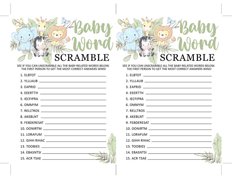 Baby Shower Word Scramble Printable Game, Jungle Inspired Safari Theme ...