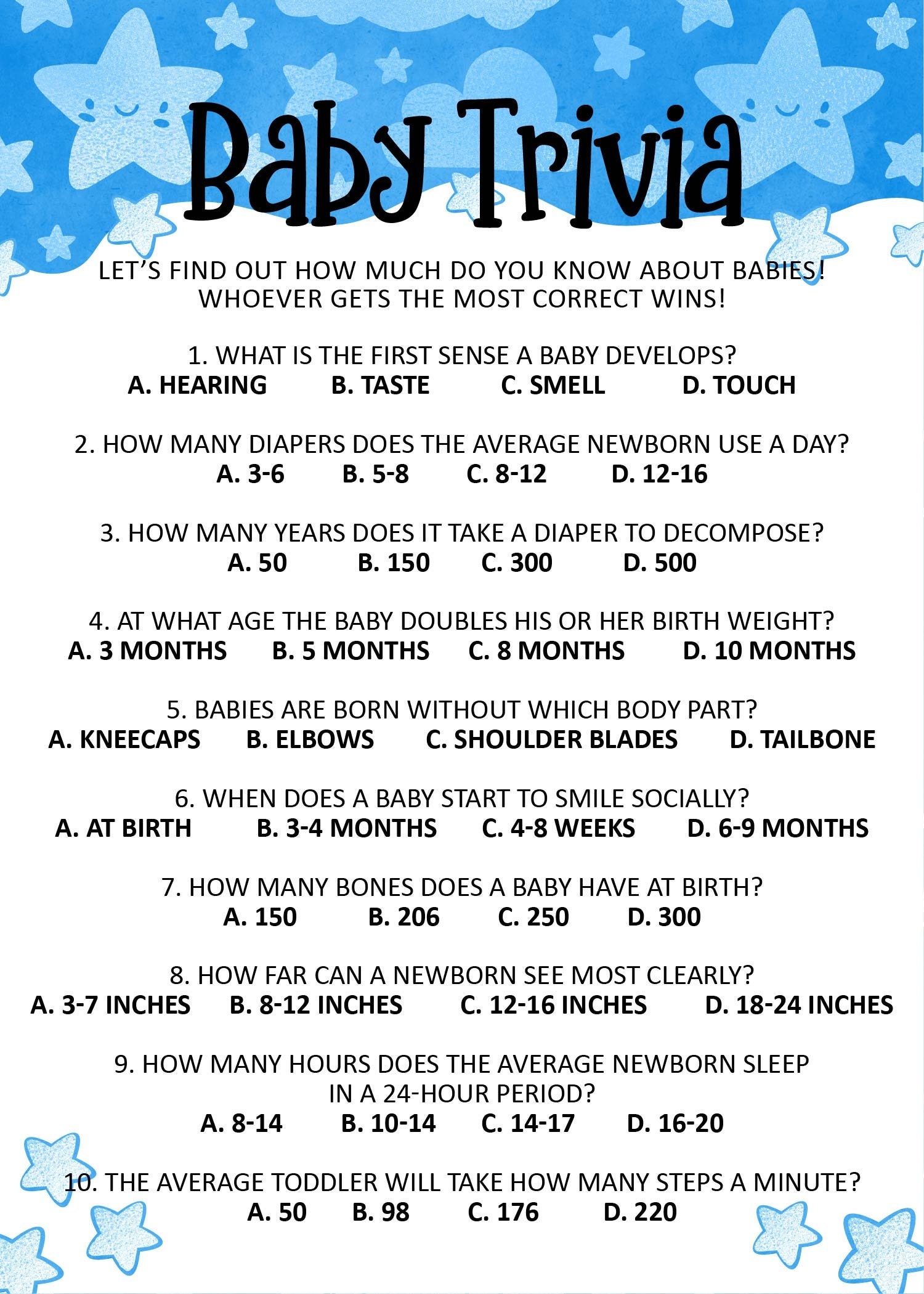 Blue Themed Baby Shower Trivia Game Printable, Baby Boy Baby Shower ...