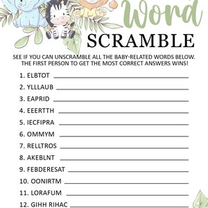 Baby Shower Word Scramble Printable Game, Jungle Inspired Safari Theme ...
