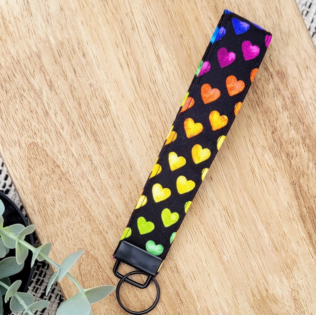 Rainbow Key Fob Wristlet, Heart Rainbow Keychain, Heart Wristlet, Black ...