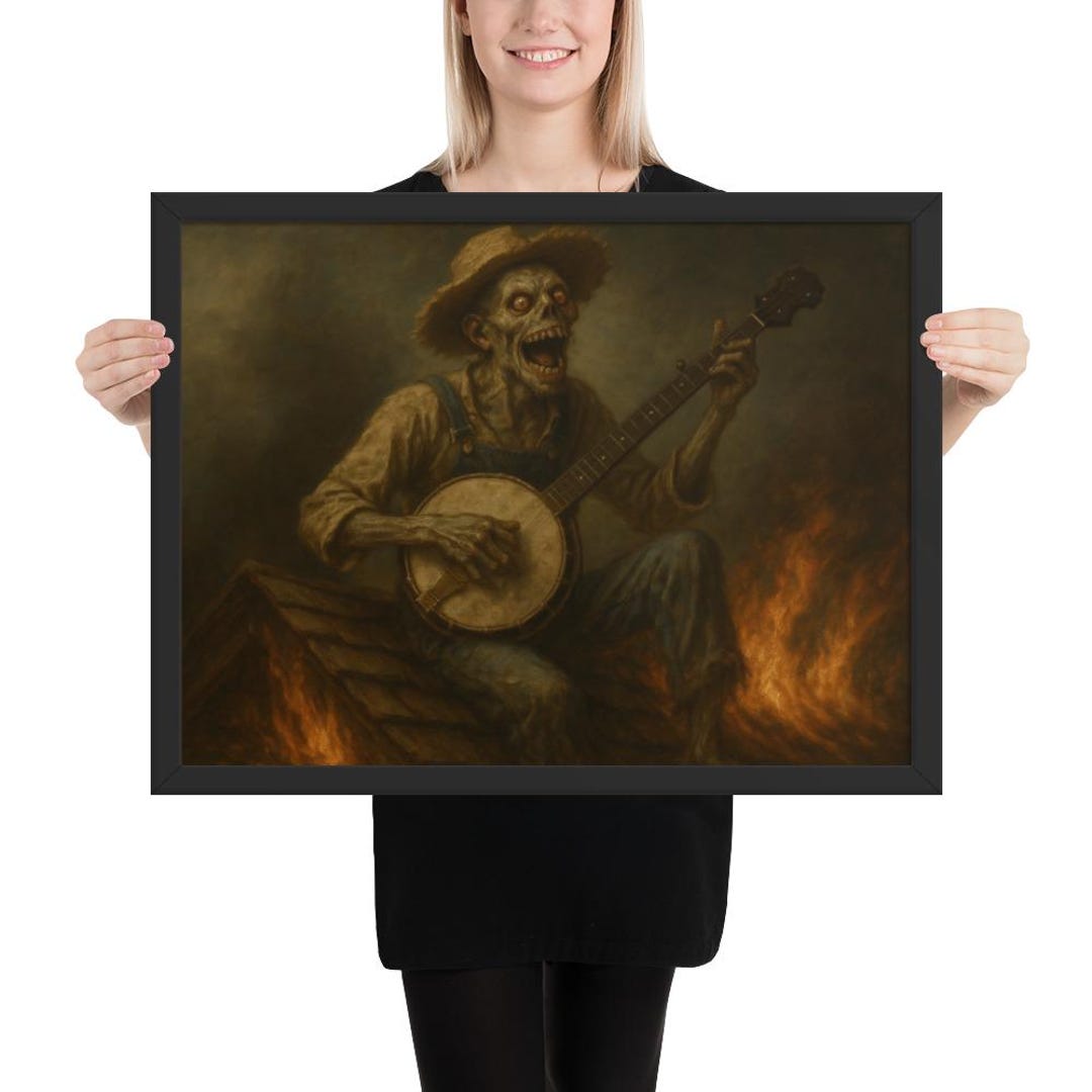 Crazy Farmer Zombie Playing a Banjo on a Burning Rooftop | Gothic ...