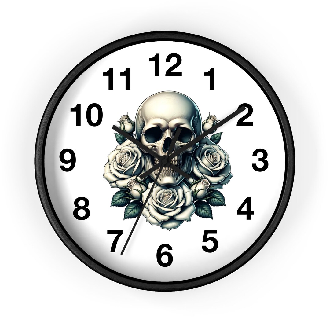 Skull and White Roses | Goth Wall Clock - Etsy