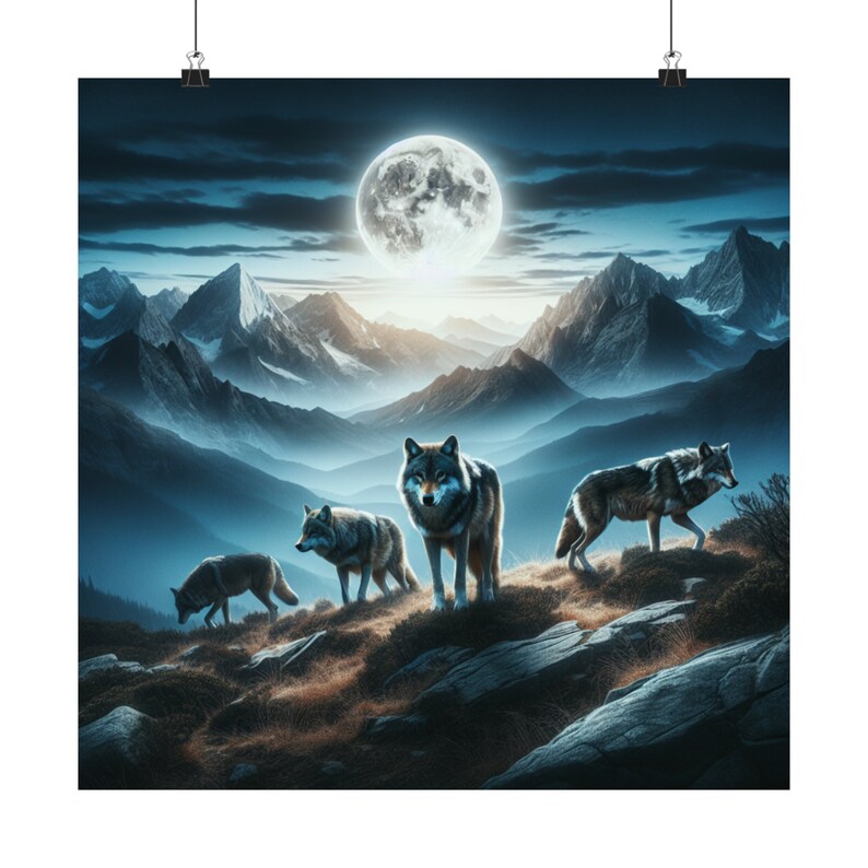 Posters mate de loups dans la montagne pendant une pleine lune - Etsy ...