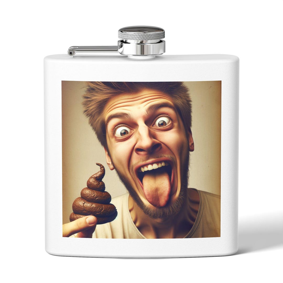 Crazy Guy Smelling Poop Funny Stainless Steel Flask, 6oz - Gag Gift for ...