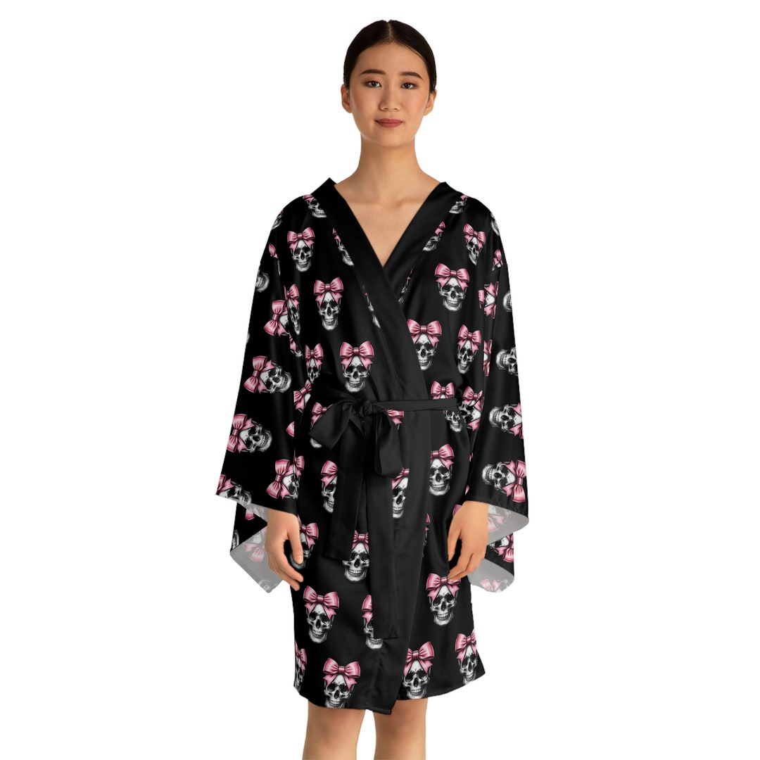 Skulls With Pink Bows Goth Long Sleeve Kimono Robe AOP - Etsy