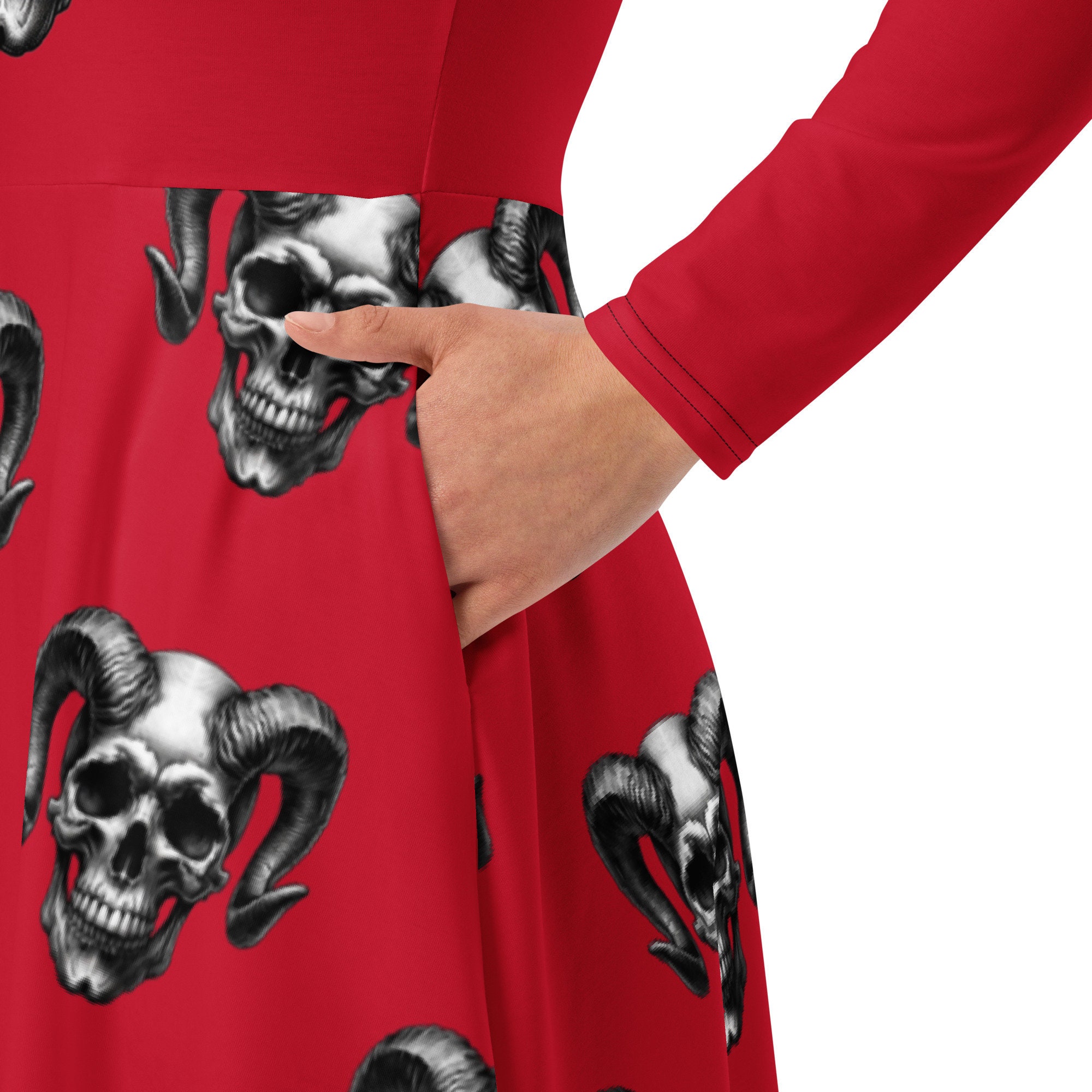 Ram Horned Skull Pattern Satanic Goth Red Long Sleeve Midi Dress - Etsy
