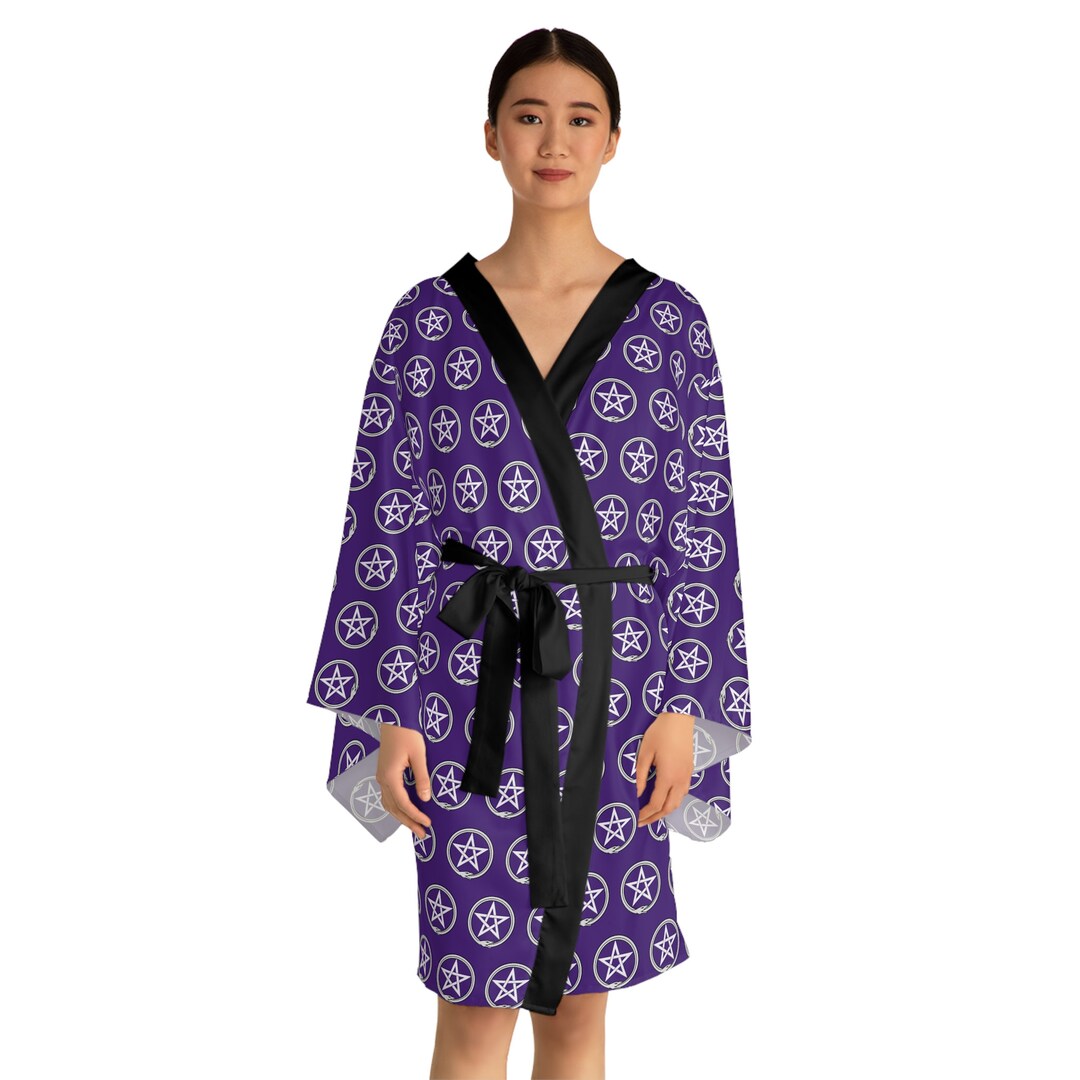 Pentagram and Snake Pattern Dark Purple Goth Long Sleeve Kimono Robe ...