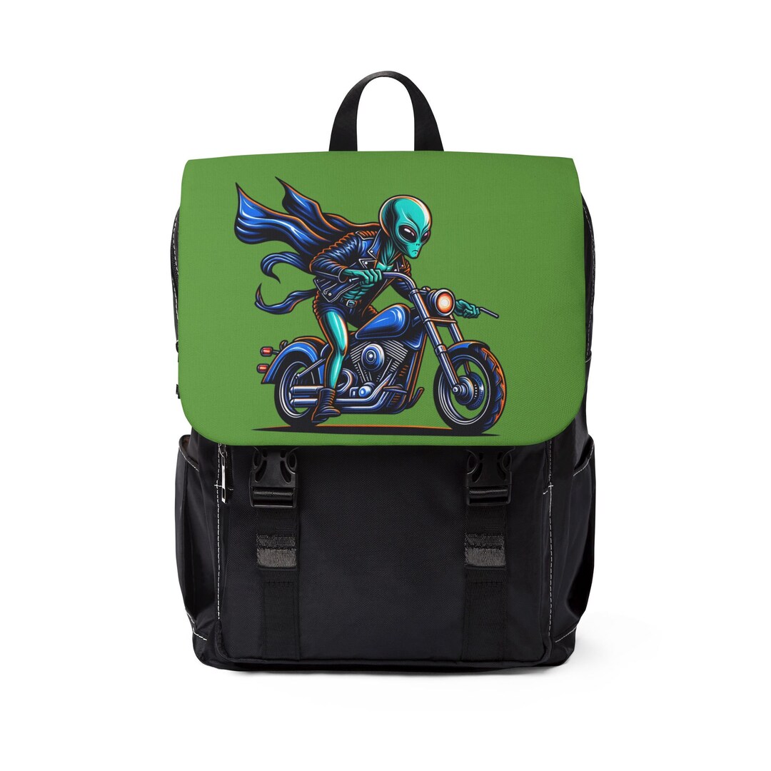 Alien Riding a Motorcycle | Back to School Unisex Casual Shoulder ...