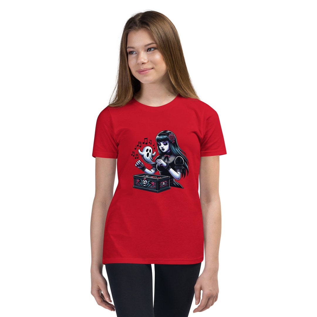 Goth Girl Playing A Music Box With a Ghost Goth Youth Short Sleeve T ...