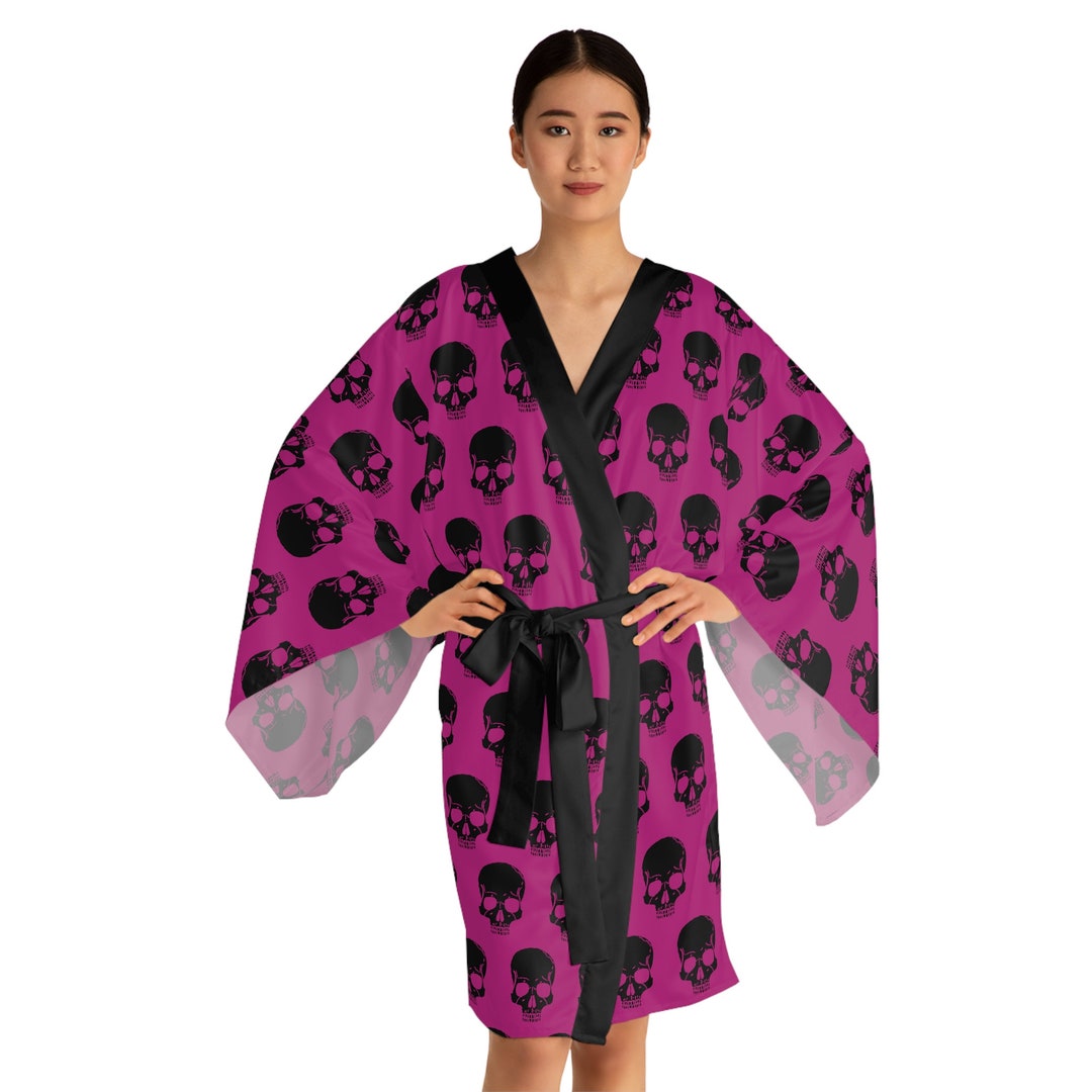 Skull Pattern Black and Pink Goth Long Sleeve Kimono Robe AOP - Etsy