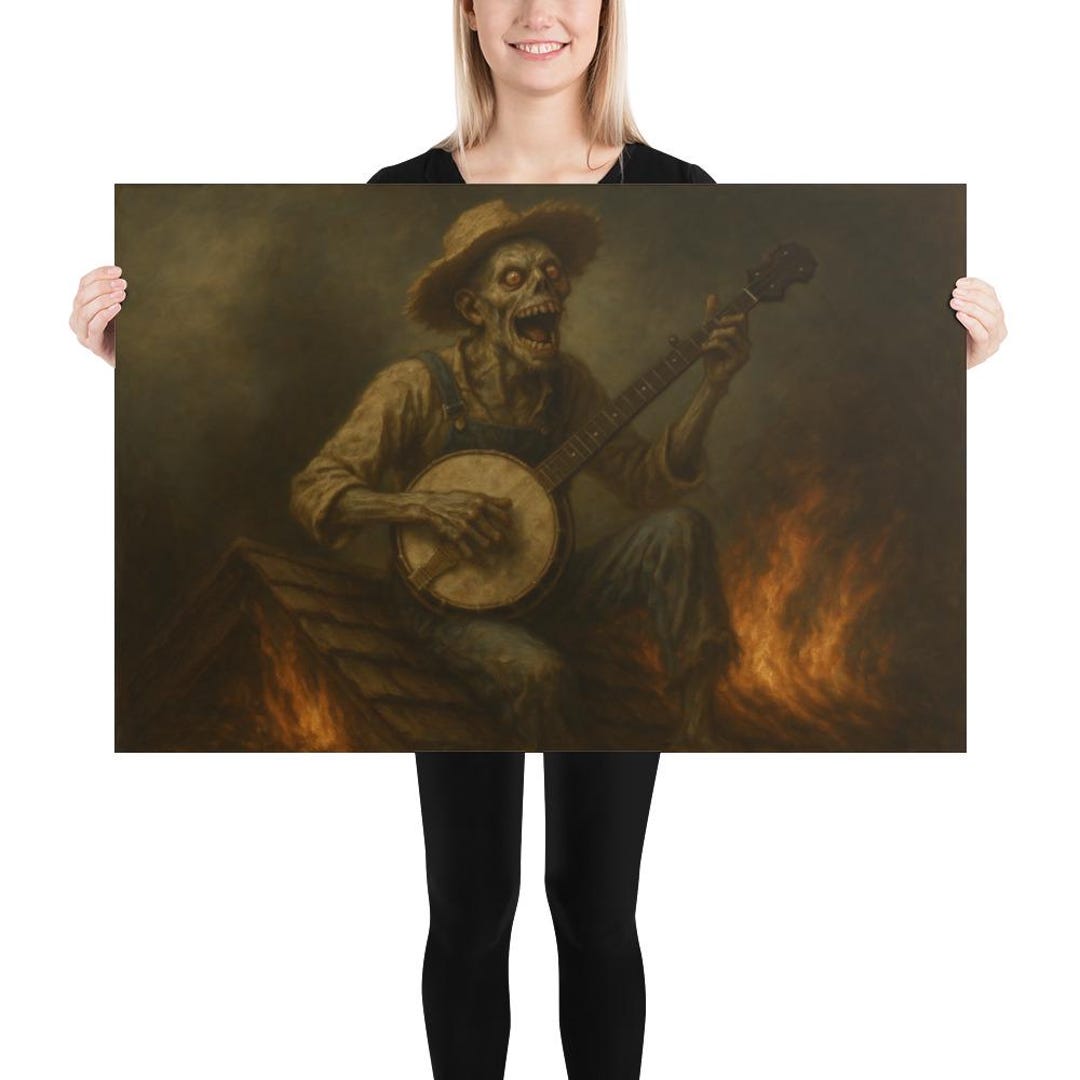 Crazy Farmer Zombie Playing a Banjo on a Burning Rooftop | Gothic ...